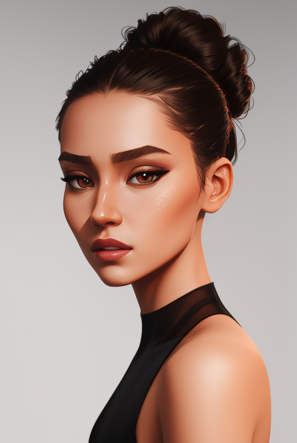 DreamShaper prompt: long-haired girl in a sleek bun, natu...