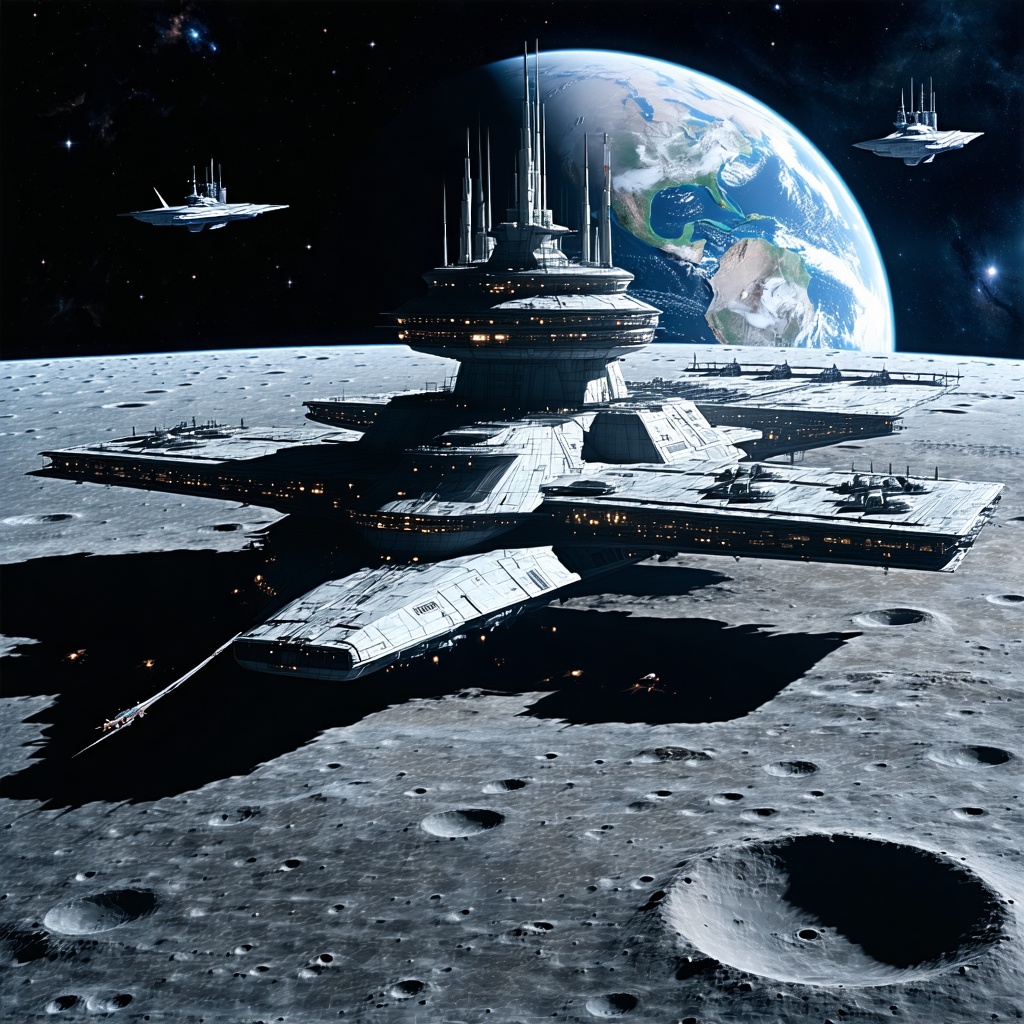Stable Diffusion prompt: A massive Luna space station cit...