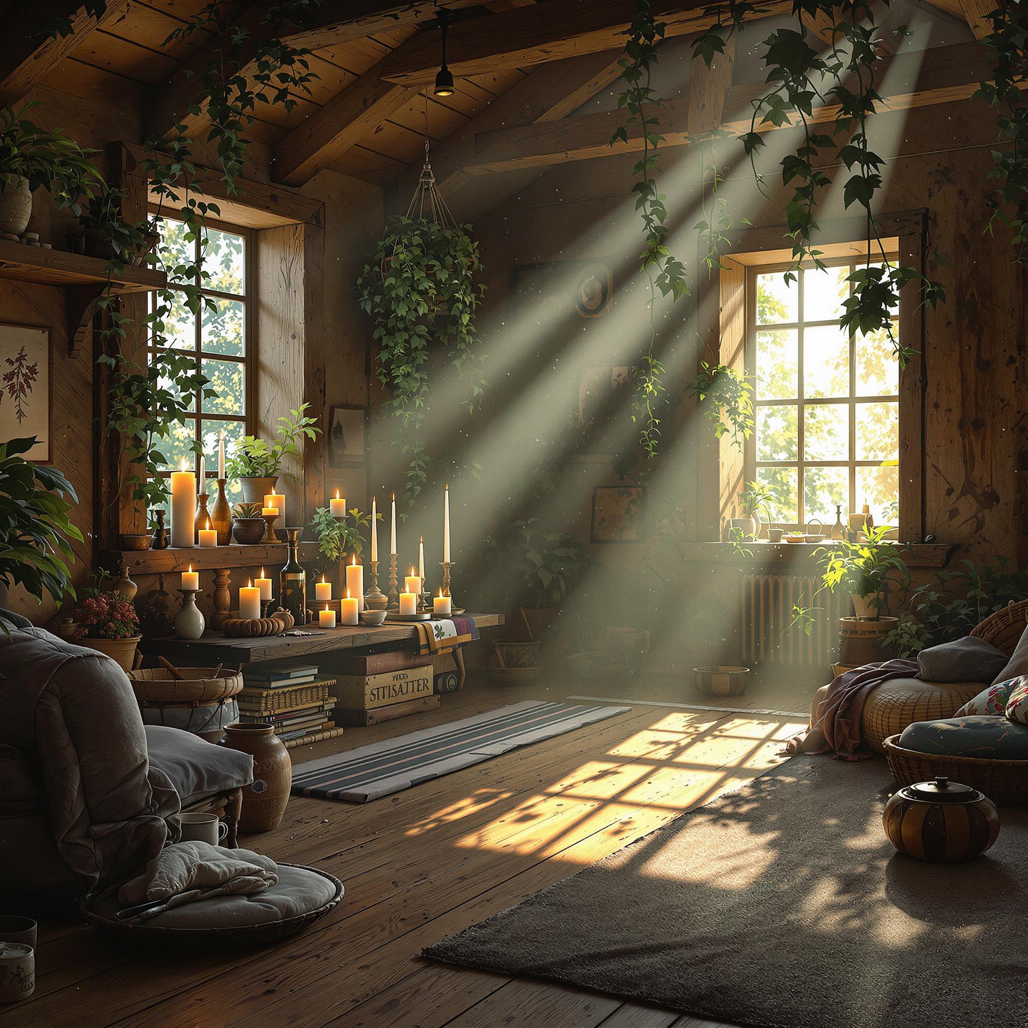 FLUX prompt: interior view of an herbalist cottage, waxy ...