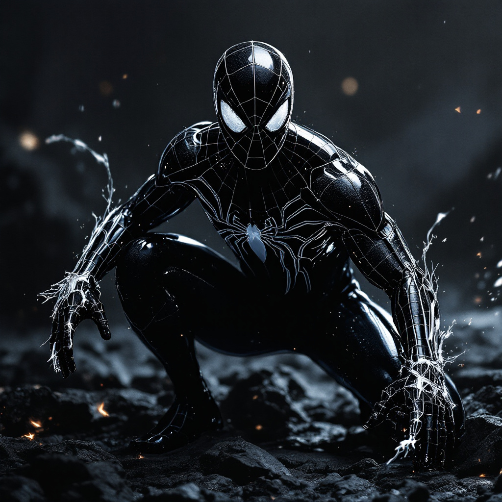 FLUX prompt: a full body shot of spiderman in his black s...