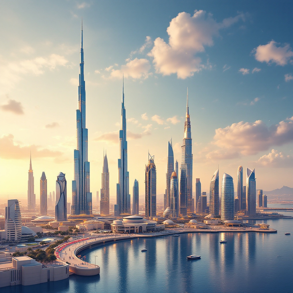 FLUX prompt: Create a futuristic rendering of Dubai Skyli...