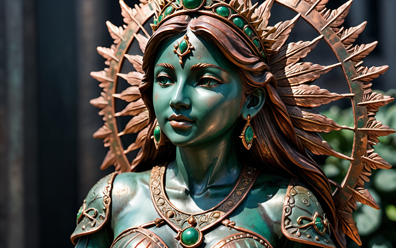 Deliberate prompt: copper sun princess statue,(deep green...