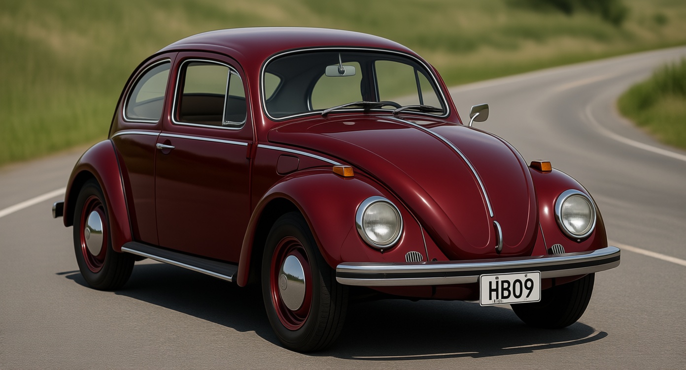 Qwen prompt: A classic burgundy Beetle on the road Wit...