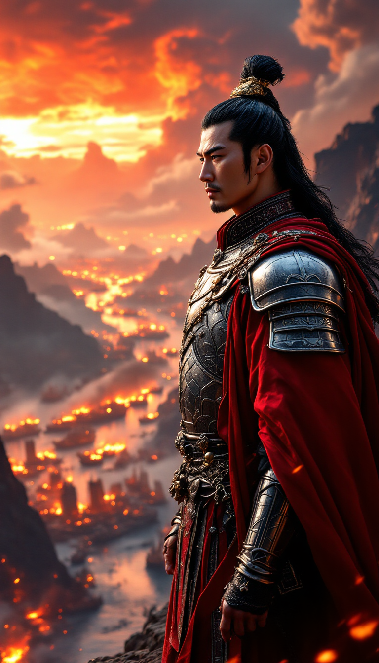FLUX prompt: A legendary Chinese general standing on a hi...