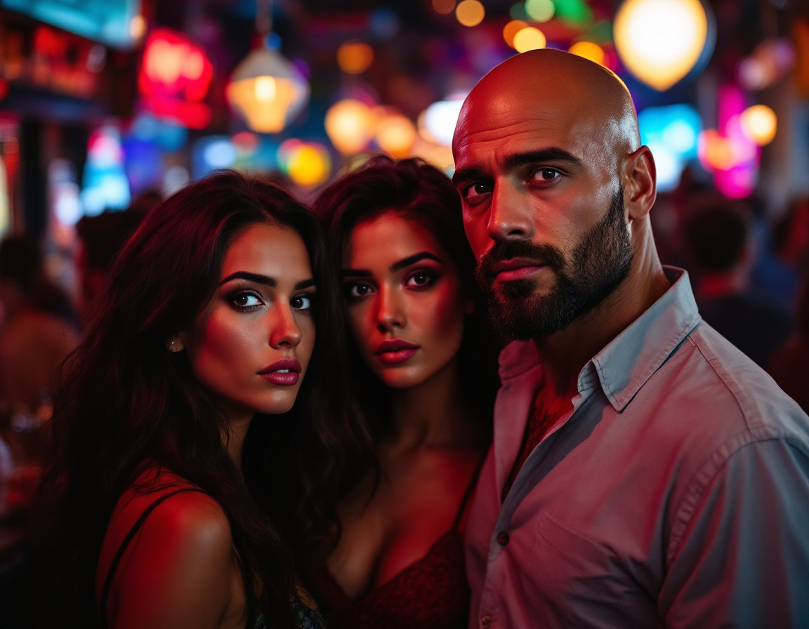 FLUX prompt: Inside a crowded bar, at night. A group of a...