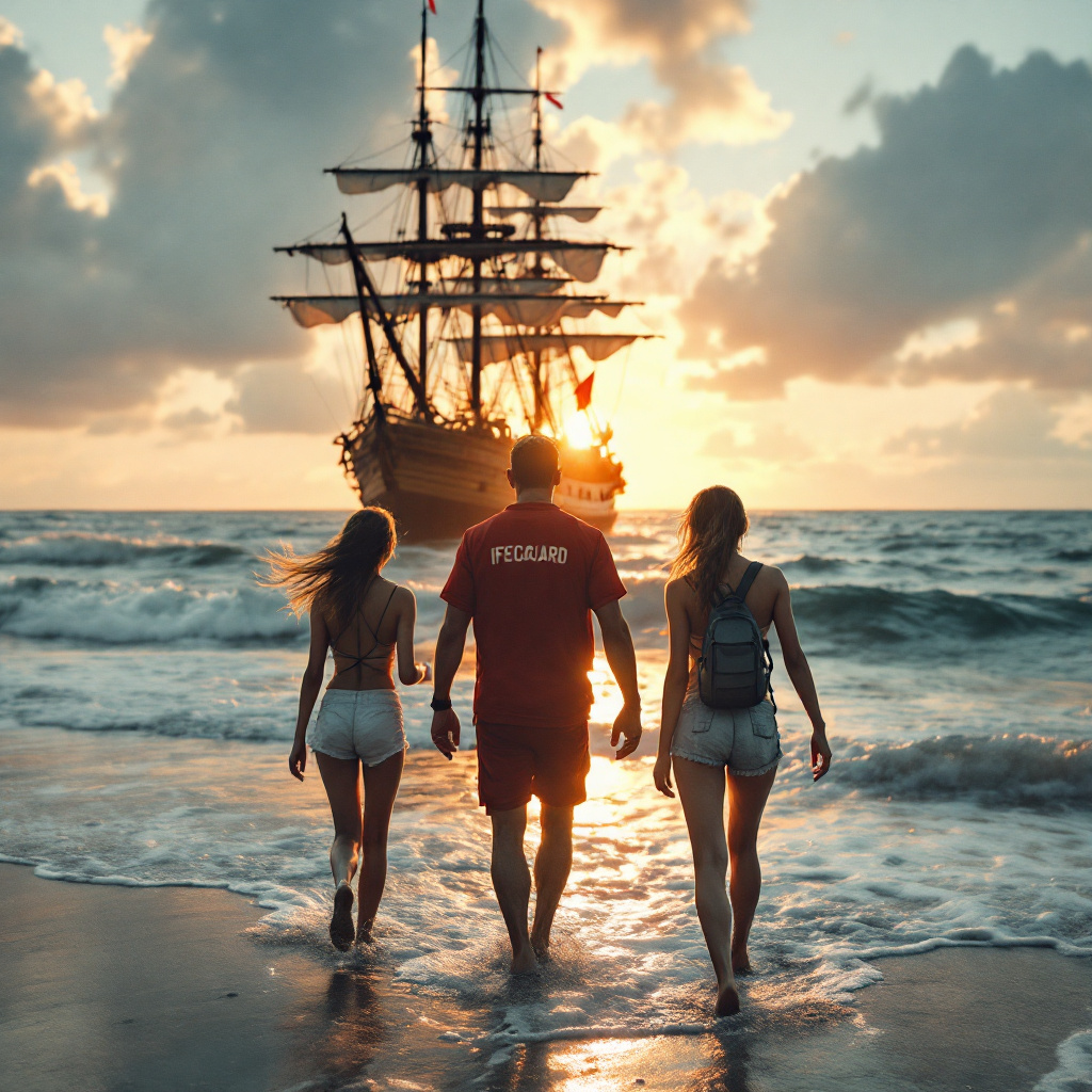 FLUX prompt: A man in a lifeguard uniform walks with 3 gi...