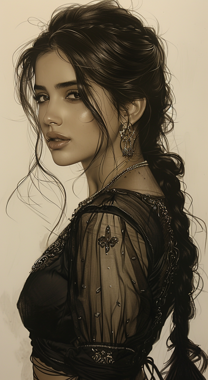 Midjourney prompt: sketch of an Indian actress, Bollywood...