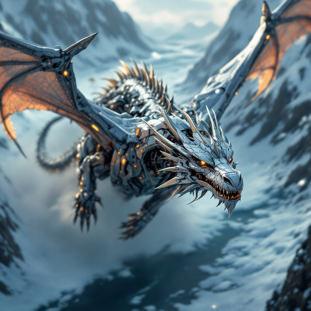 FLUX prompt: 22. mechanical dragon soaring above icy fjor...