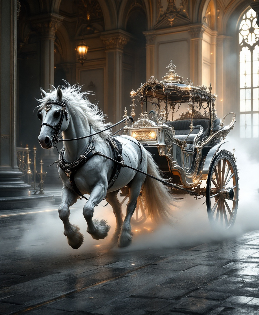 FLUX prompt: Prompt: Enigmatic horse-drawn carriage, Maje...