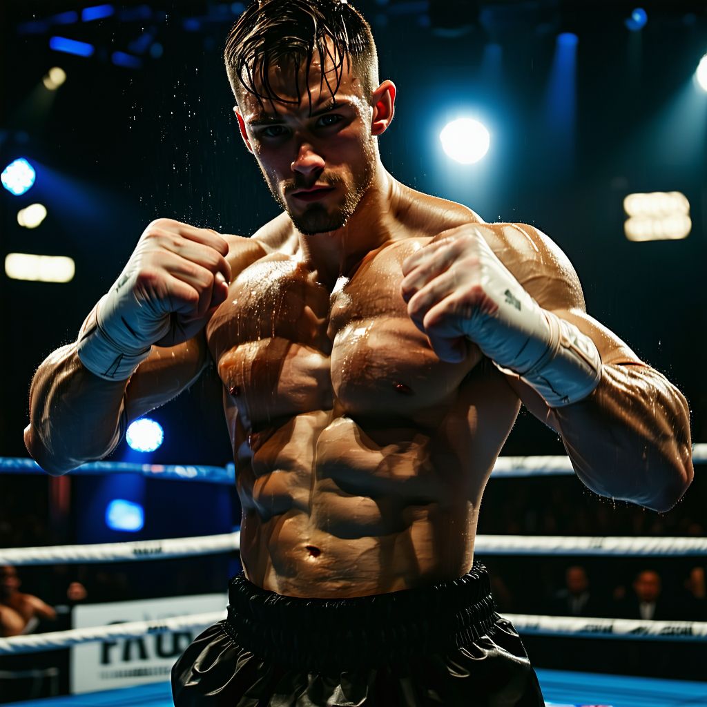 Stable Diffusion prompt: In the photo, the muscular boxer...