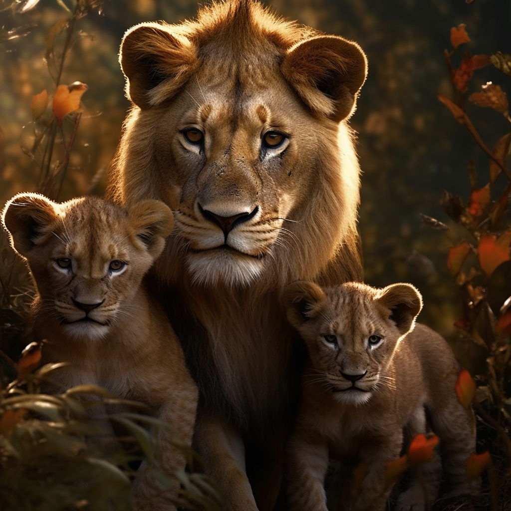 Midjourney prompt: lion and his cubs, in the style of nik...