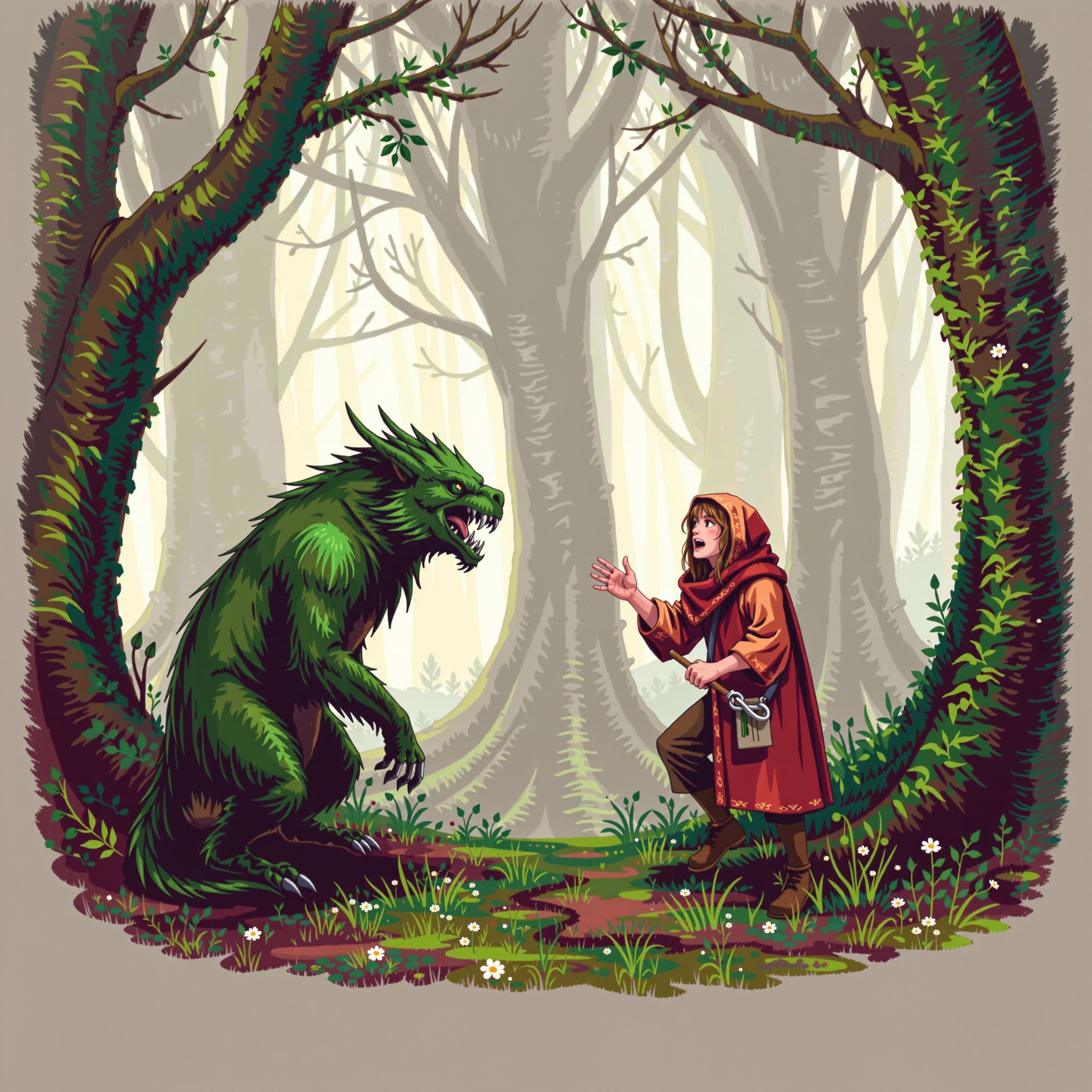 FLUX prompt: A mythical creature meeting a traveler in a ...