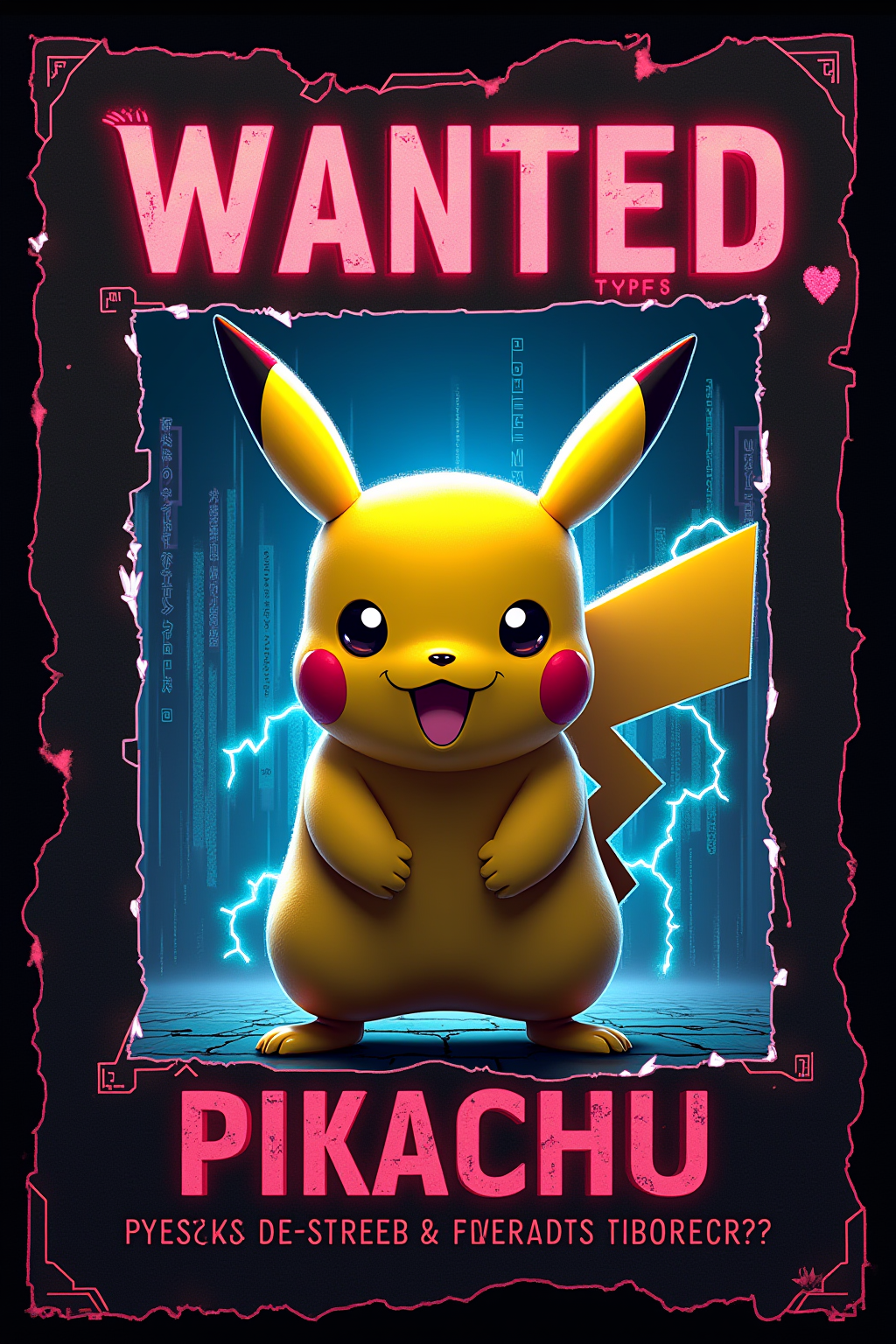 FLUX prompt: Cyberpunk-style wanted poster featuring Pika...