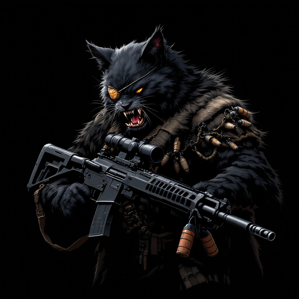 FLUX prompt: wild black cat with some striped fur and ver...