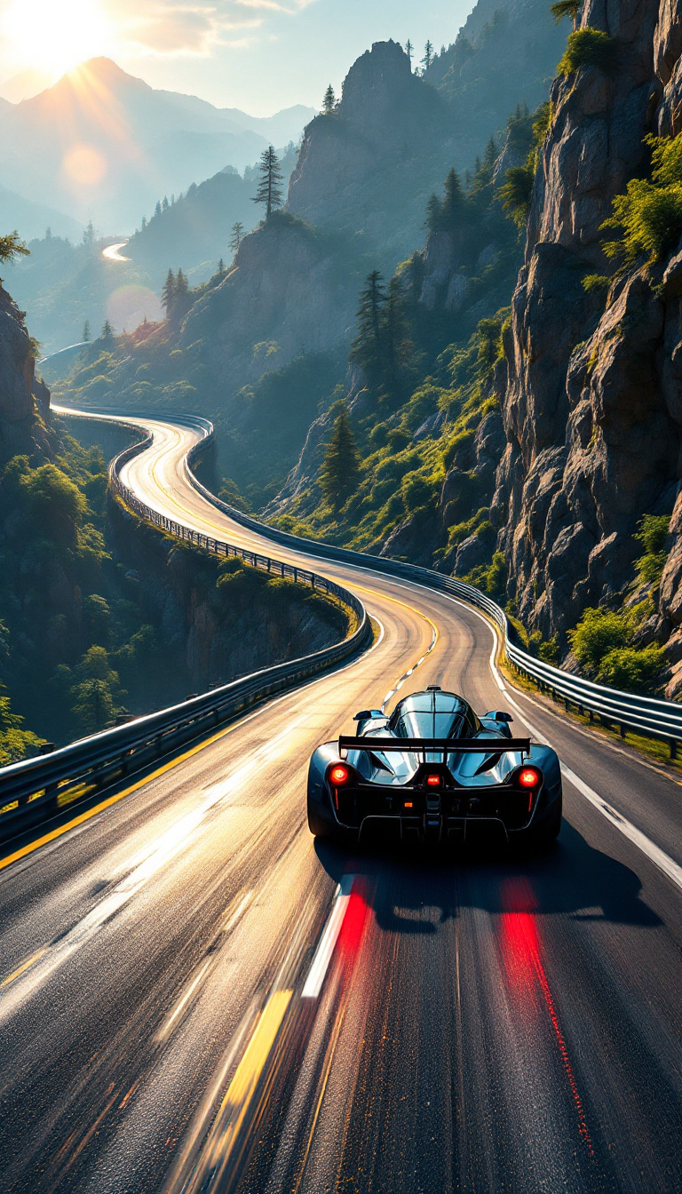 FLUX prompt: Summer. A racing car races along a winding ...