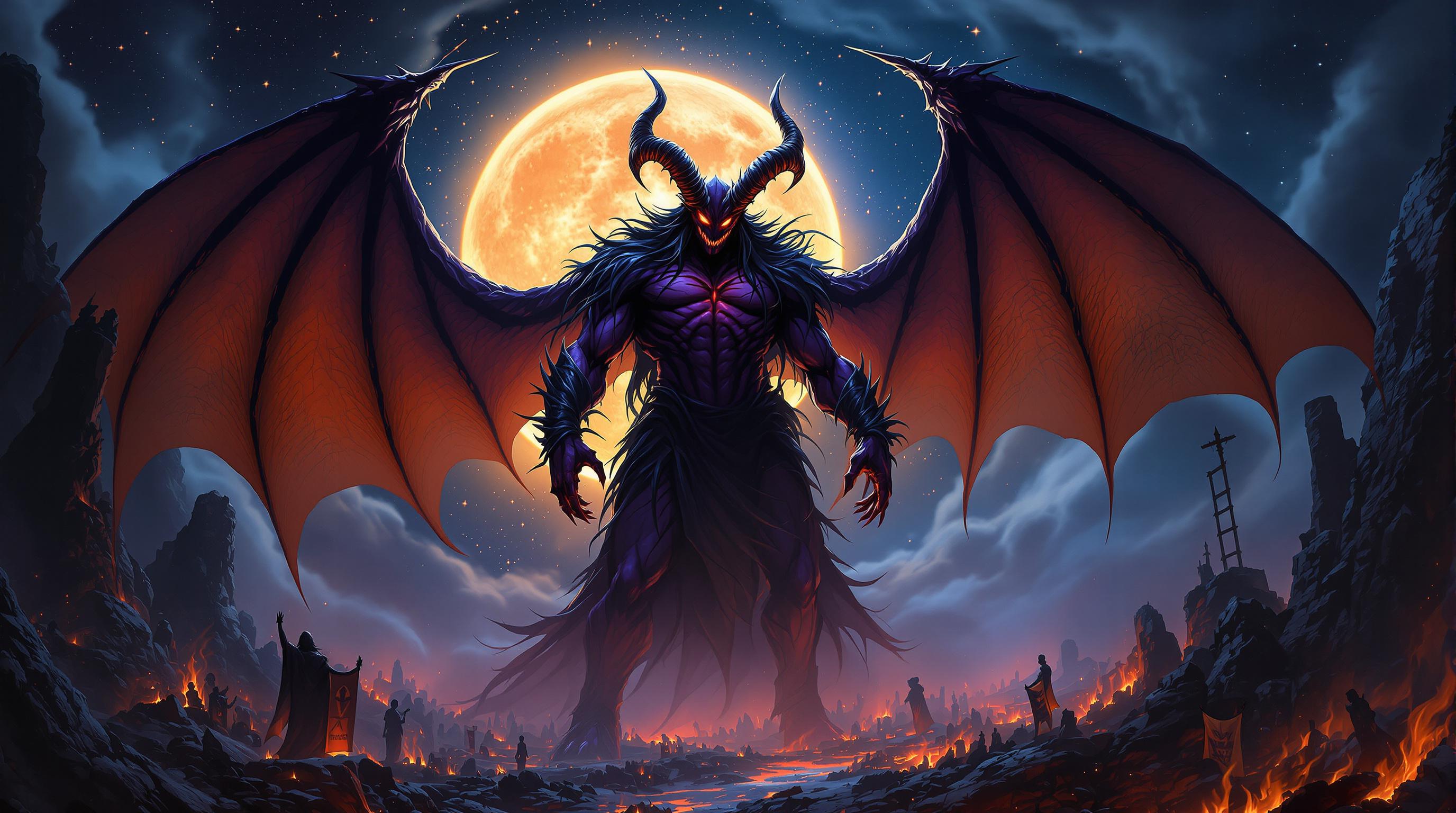 FLUX prompt: A towering avenging demon with deep purple s...