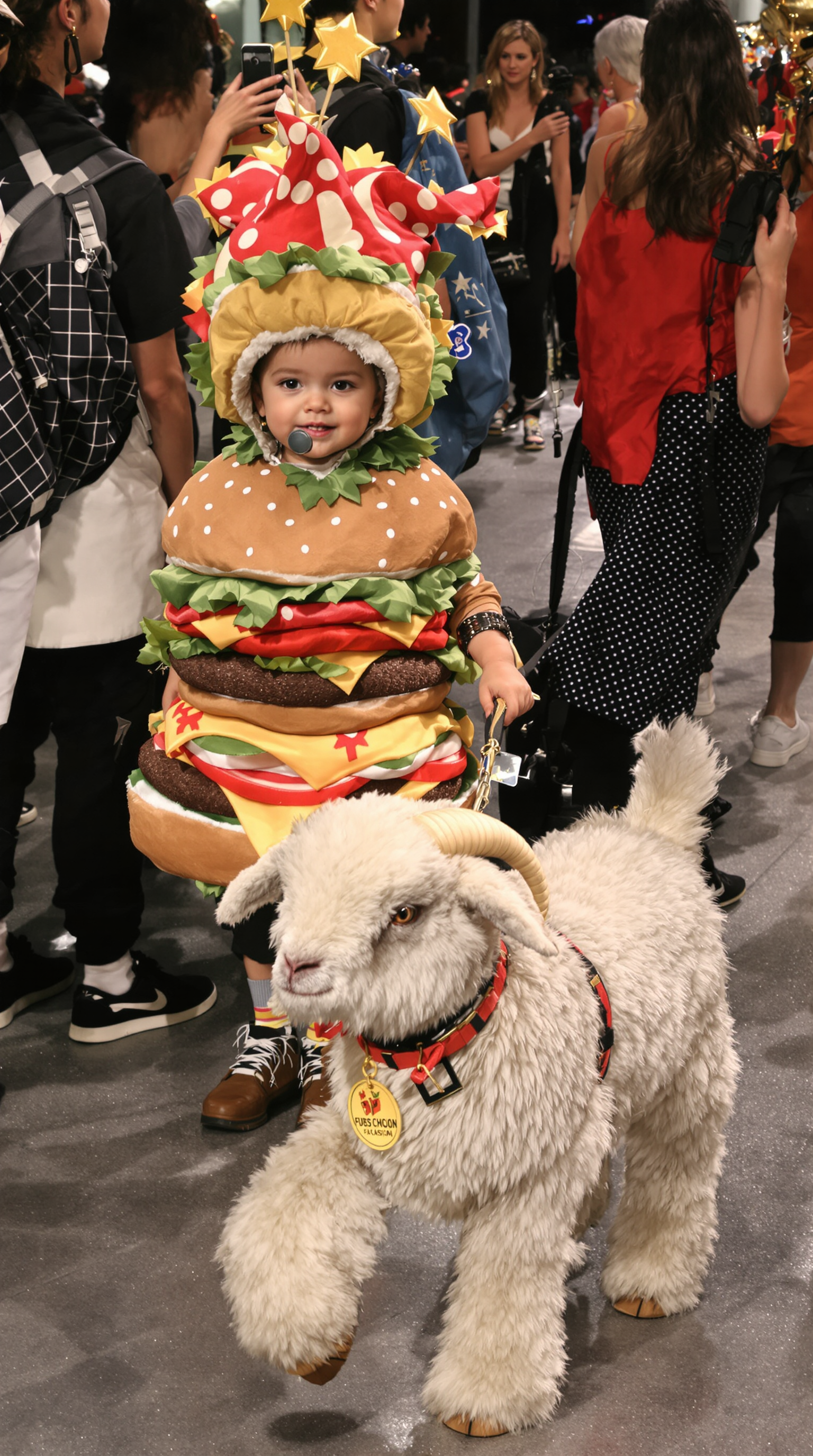 FLUX prompt: A baby girl dressed as hamburger leads a pet...