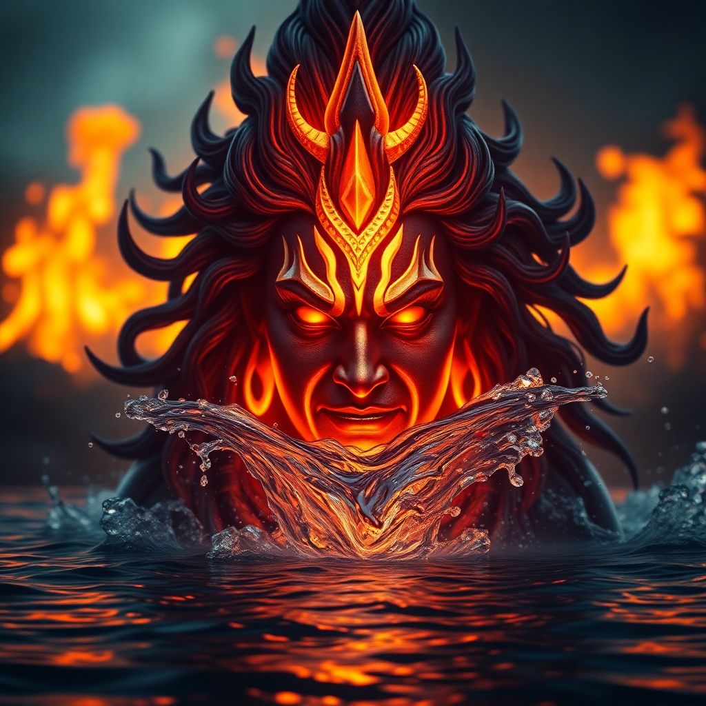 FLUX prompt: POWERFUL scary look Lord Shiva made of water...