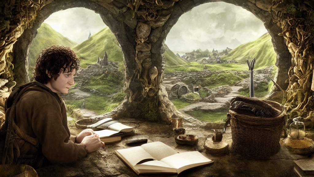 Stable Diffusion prompt: frodo writing in his journal ins...