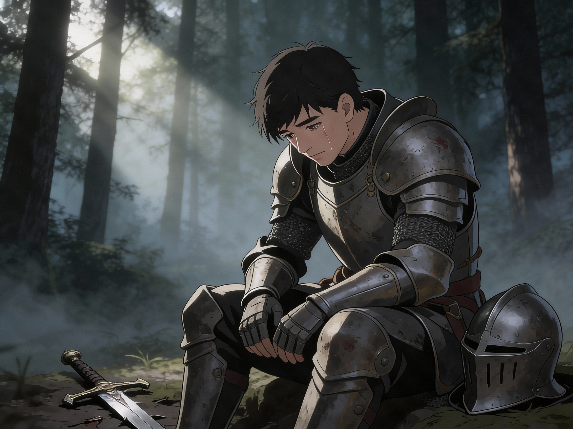 Hero prompt: A realistic, cinematic anime-style knight si...
