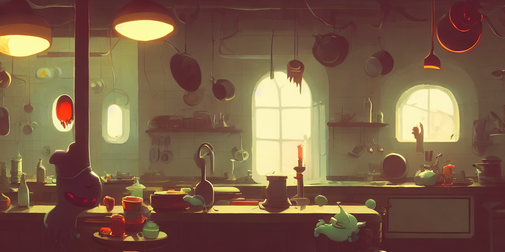 Stable Diffusion prompt: cute lonely kitchen dim lit by a...