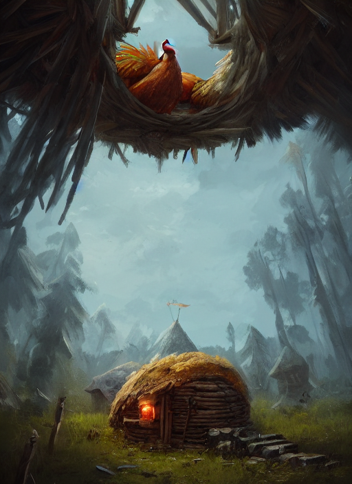 Stable Diffusion prompt: hut with chicken legs, greg rutk...