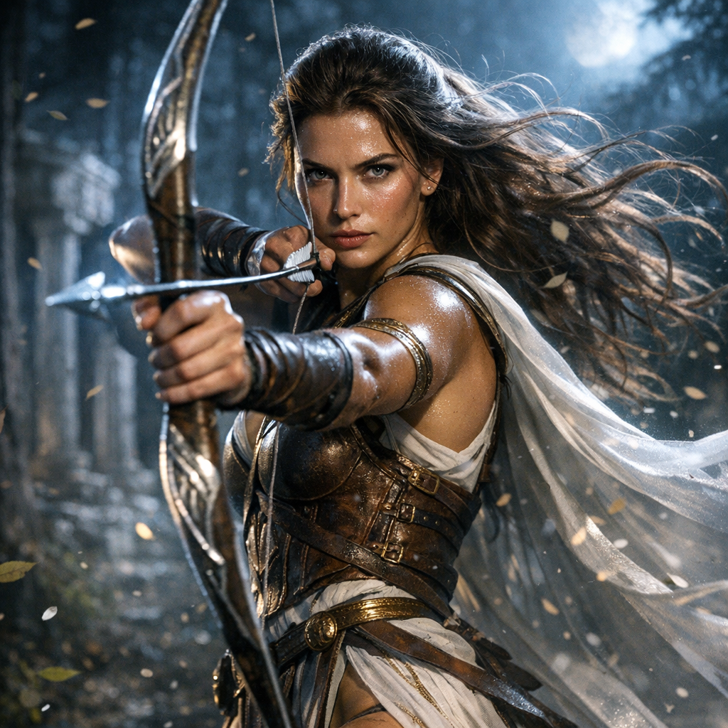 ChatGPT Image prompt: A stunning Greek huntress of Artemi...