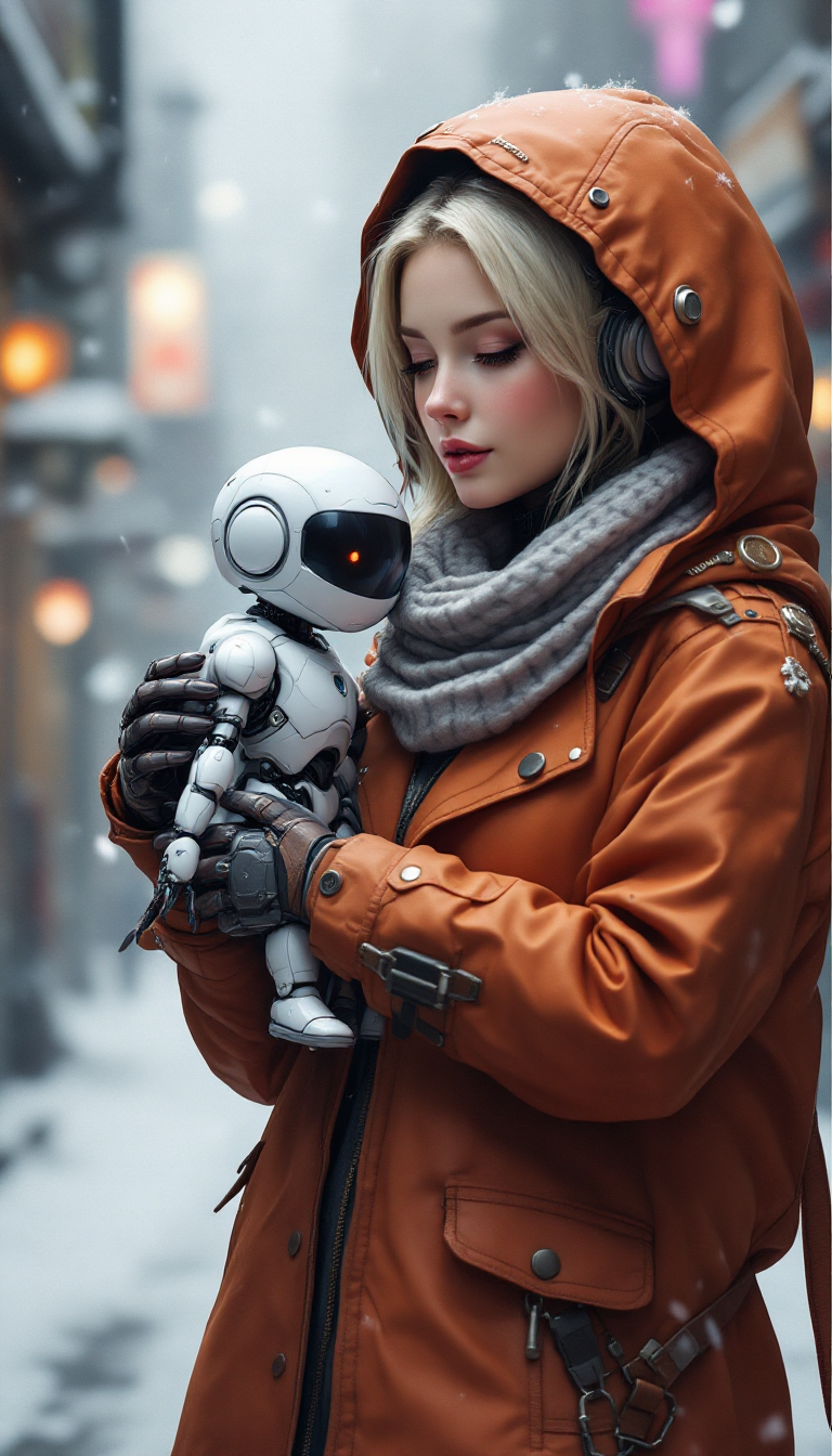 FLUX prompt: female robot hooded, scarf, jacket, holding ...