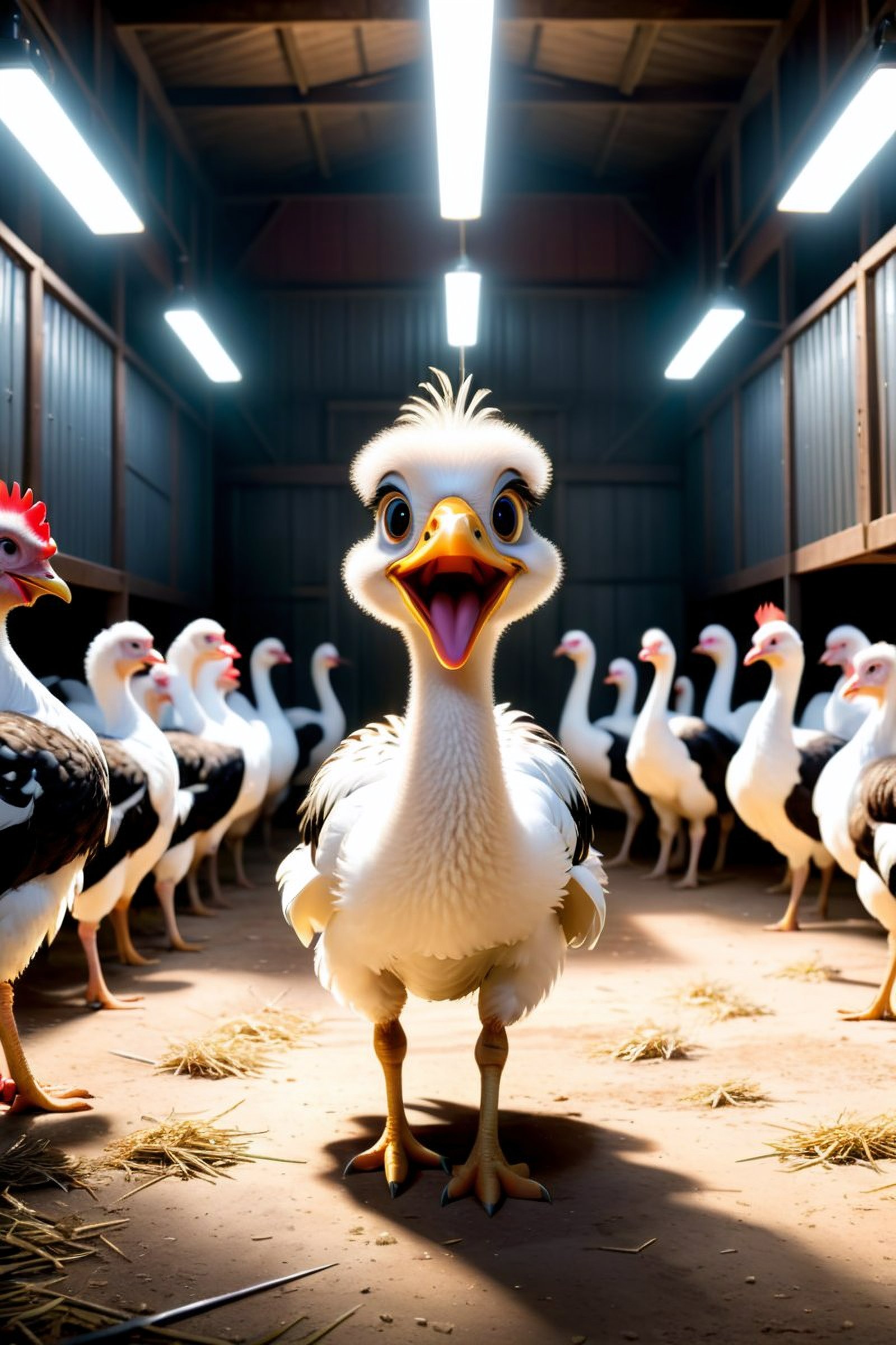 Stable Diffusion prompt: Inside an industrial chicken cou...