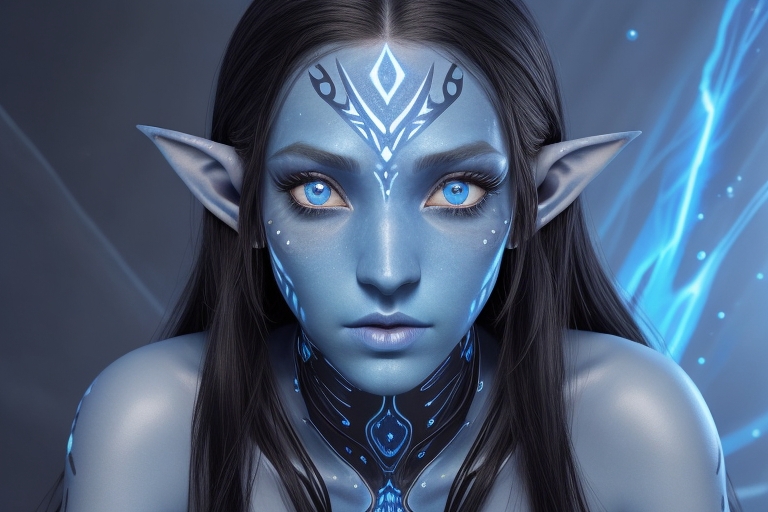Stable Diffusion prompt: blue humanoid avatar with biolum...