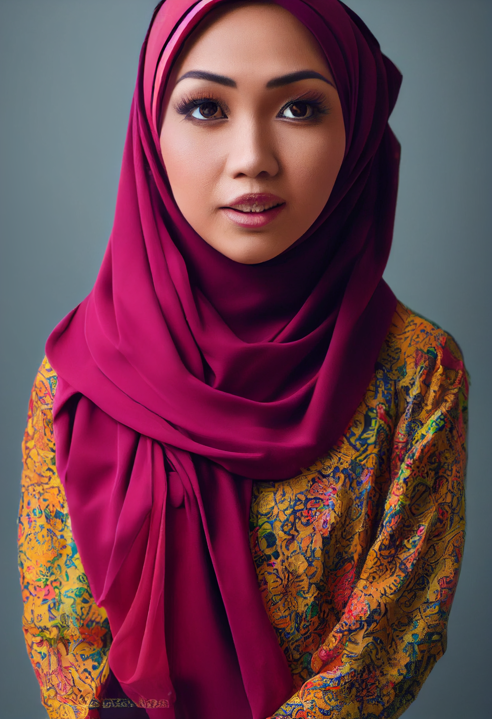 Midjourney prompt: beautiful Malay lady wearing hijab and...