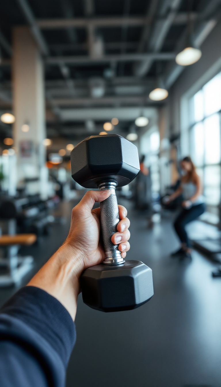 FLUX prompt: POV, I am working out in a gym, holding a du...