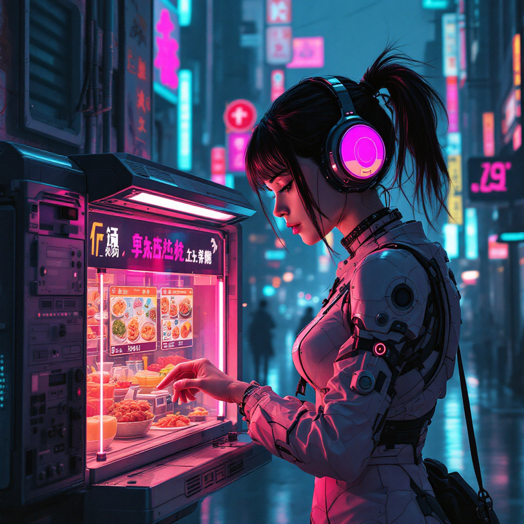 FLUX prompt: girl of the future using a food vendor machi...