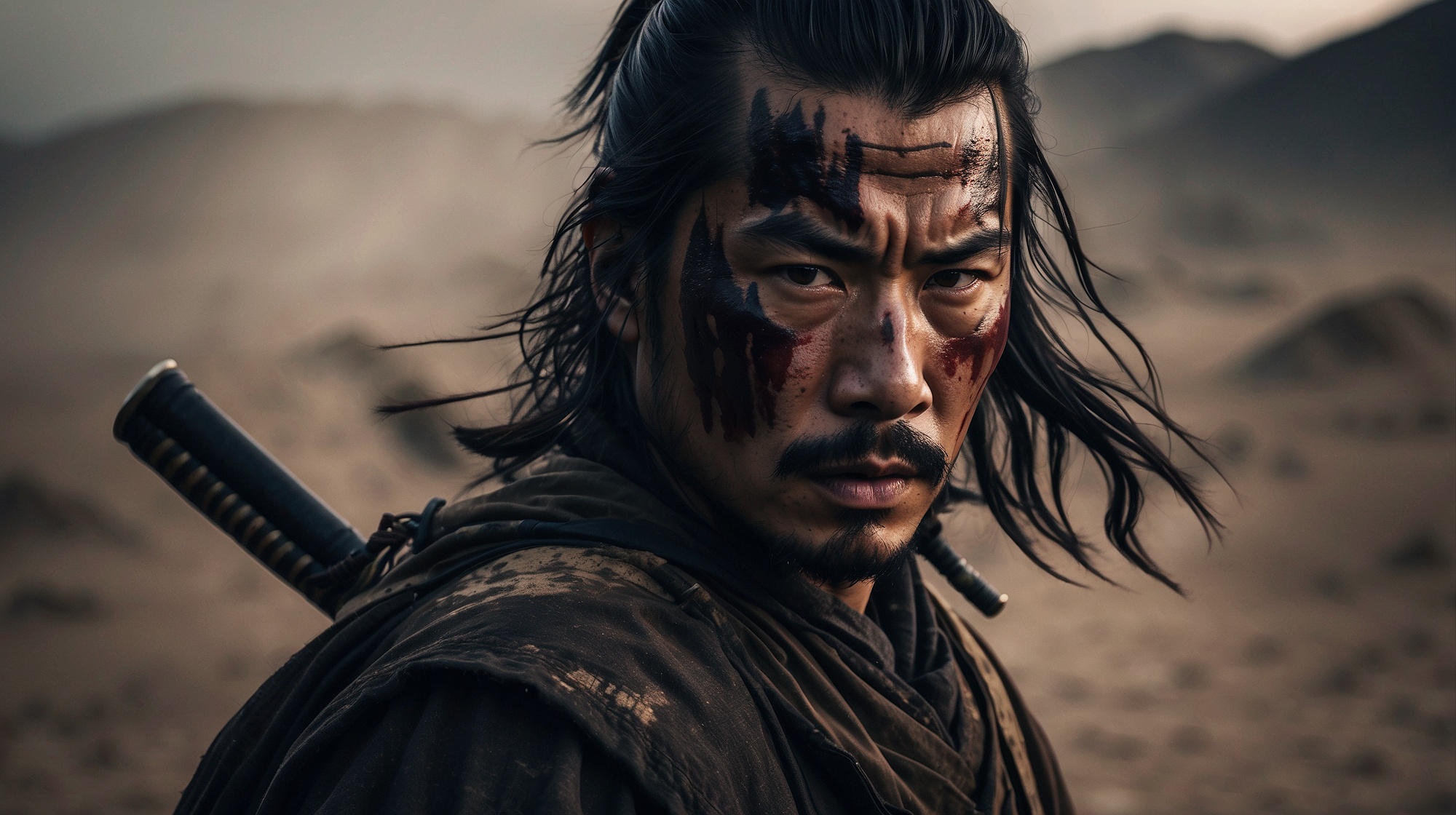 Stable Diffusion prompt: Samurai looks at the enemy, stan...