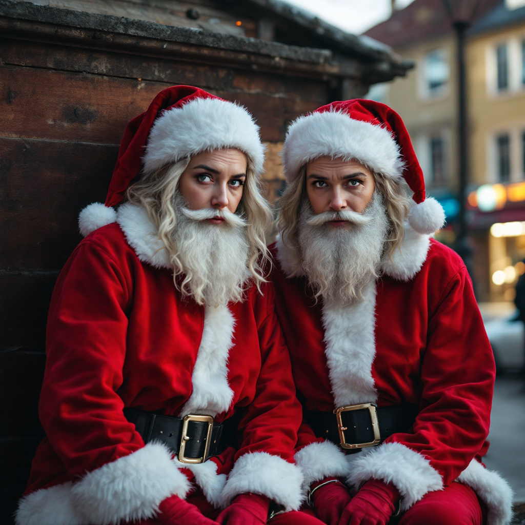 FLUX prompt: Two female male Santa Claus criminals strong...
