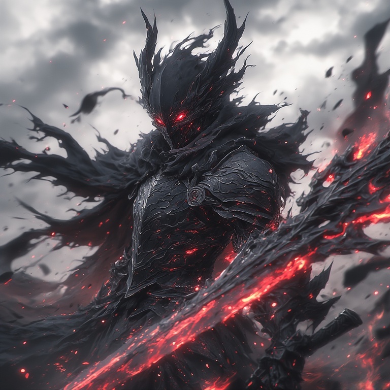 FLUX prompt: Anime screencap, evil shadow knight with red...