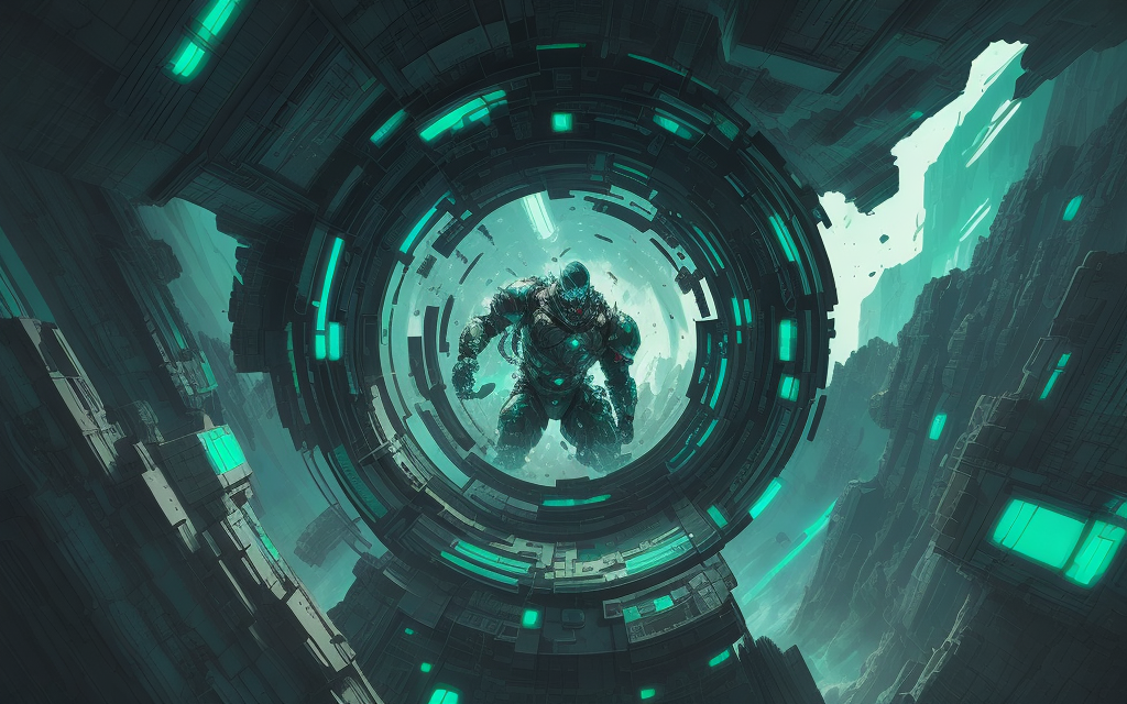DreamShaper prompt: brutal man warrior falling into a hol...