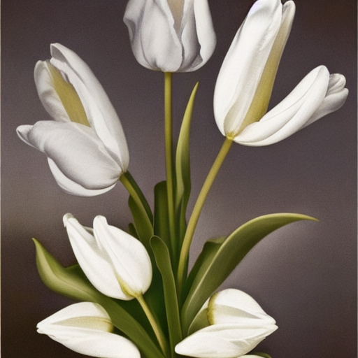 Stable Diffusion prompt: white tulip bouquet opening, liq...