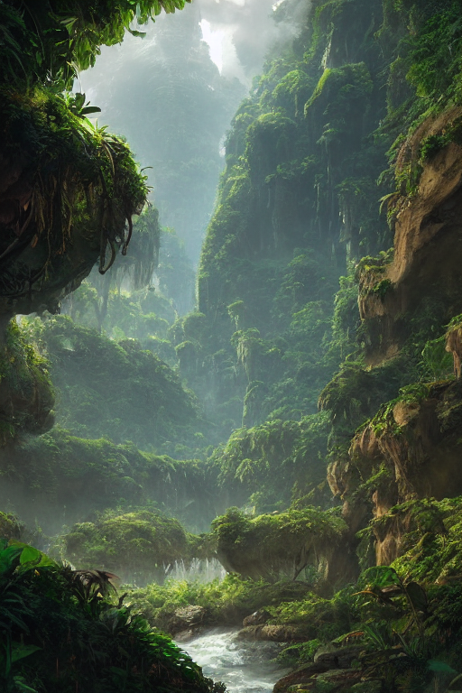 Stable Diffusion prompt: the lost valley, rock arcs, lush...