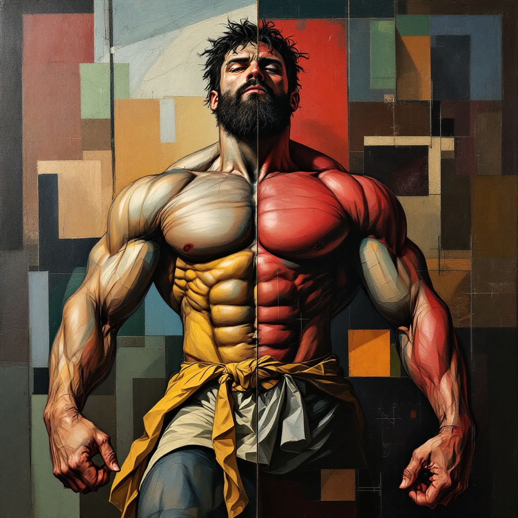 FLUX prompt: strong muscular man,Create a covered oil pa...