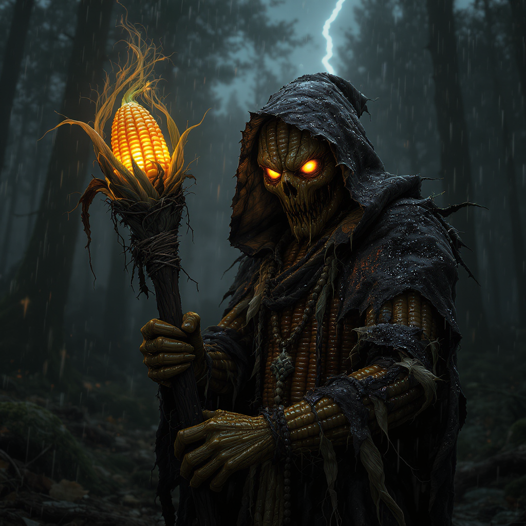 FLUX prompt: "A small humanoid corn priest standing in a ...