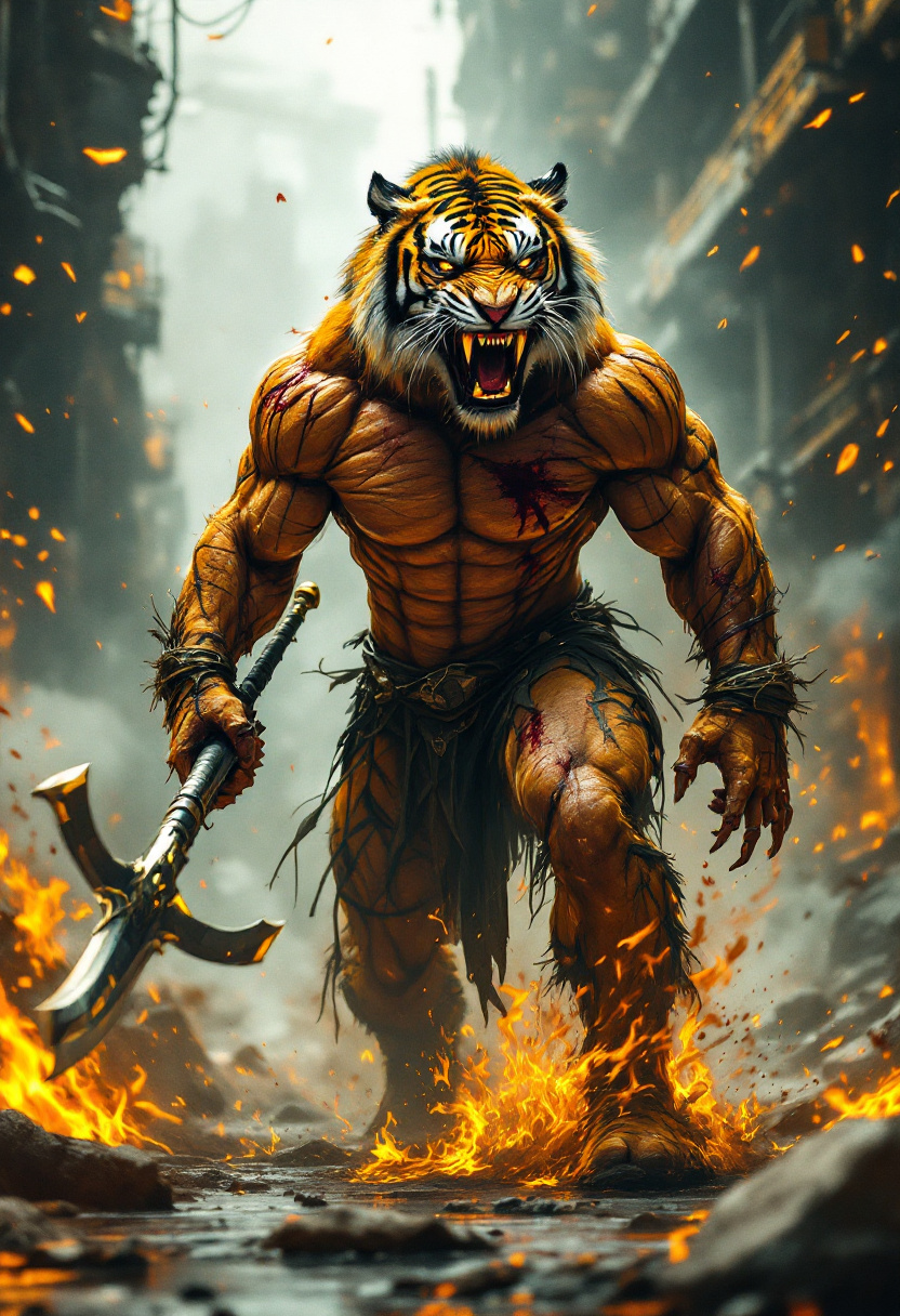 FLUX prompt: Yellow, Orange, Dark Brown Tiger With Human ...