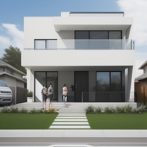 DreamShaper prompt: modern house with people in front wit...