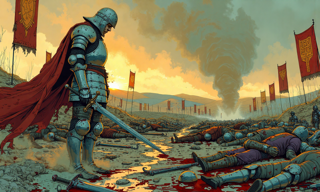 FLUX prompt: A weary and sorrowful knight stands amidst t...