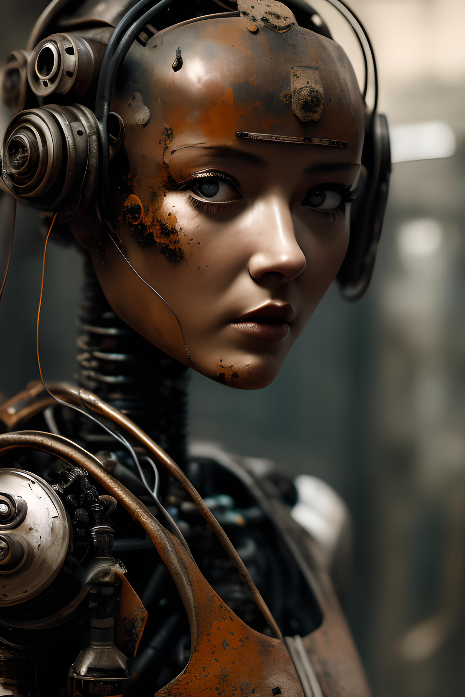 Openjourney prompt: old, female robot, metal, rust, wisib...
