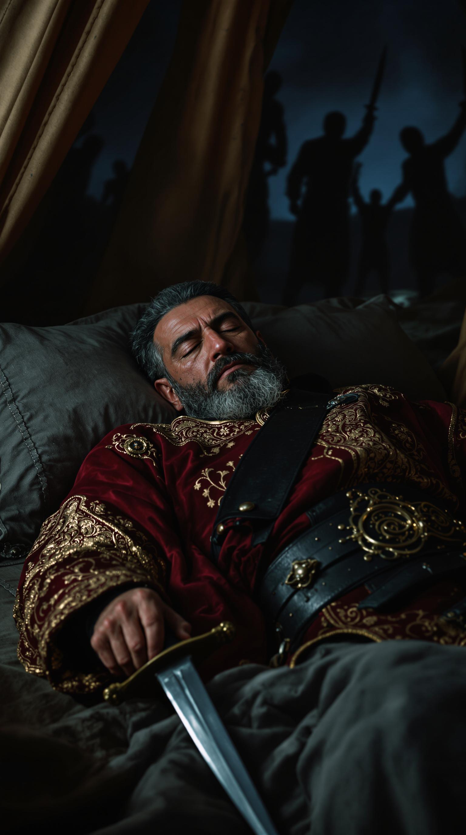 FLUX prompt: Full shot, Nader Shah Afshar, now 60 years o...