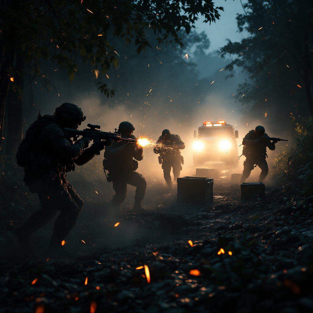 FLUX prompt: "A dark jungle at midnight, illuminated by f...