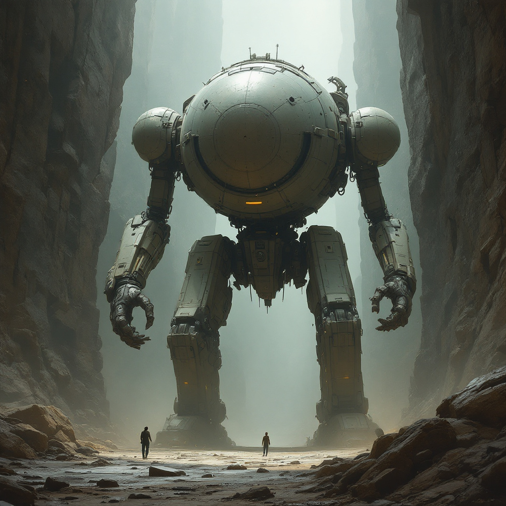 FLUX prompt: A giant mech with a large round head, concep...