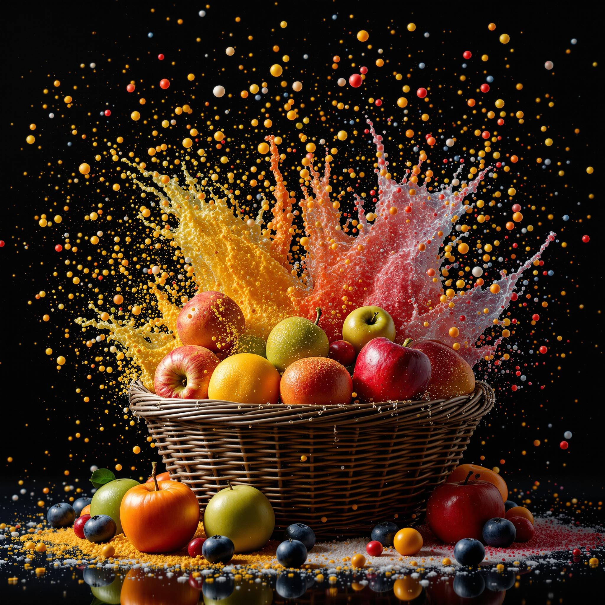 FLUX prompt: a basket of colorful fruits, with extreme co...