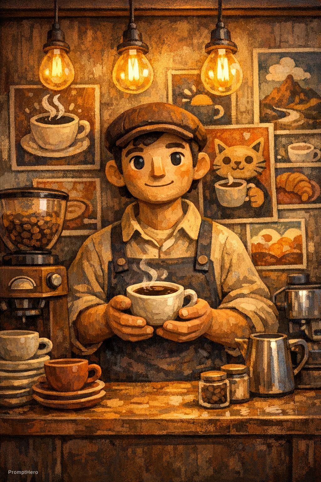 ChatGPT Image prompt: A stylized barista figure stands be...